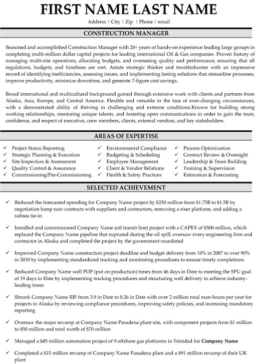 Construction Manager Resume Sample Template