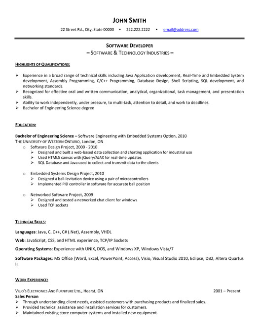 Software Developer Resume Sample Template